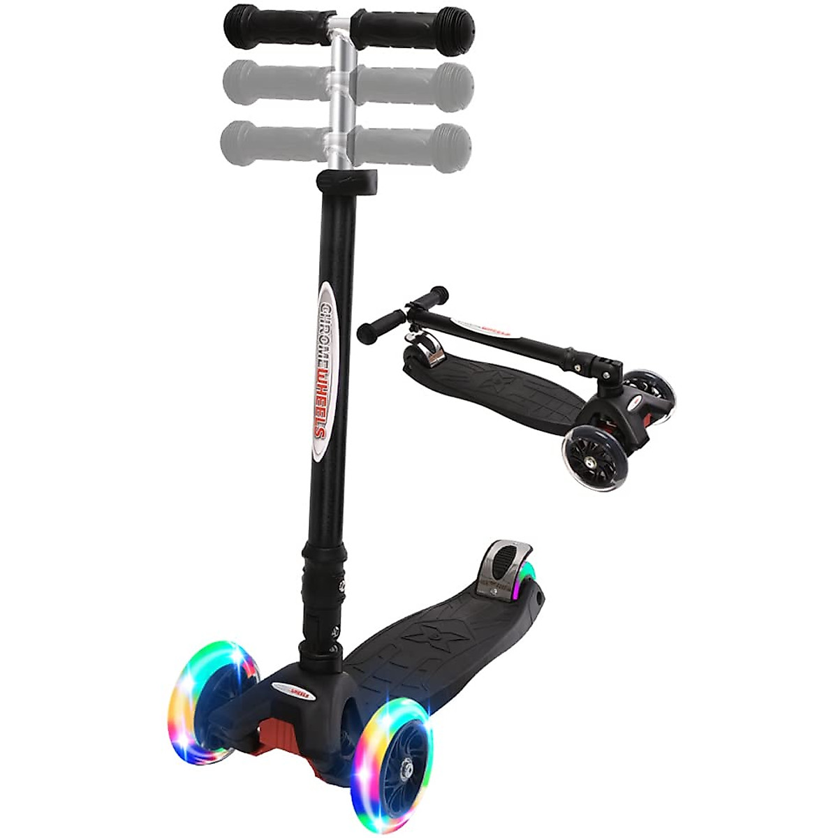ChromeWheels Scooters for Kids, Deluxe Kick Scooter Foldable 4 Adjustable Height 132lbs Weight Limit 3 Wheel, Lean to Steer LED Light Up Wheels, Best Gifts for Girls Boys Age 3-12 Year Old, Black