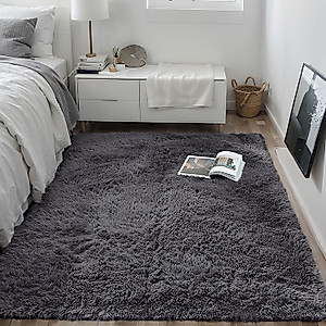 Poboton Area Rugs for Bedroom Living Room, 4X6 Ft Grey Fluffy Washable Rug, Modern Shaggy Carpets Fuzzy Rug for Kids Boys Girls Dorm Nursery Home Decor Aesthetic, Upgrade Anti-Skid Durable