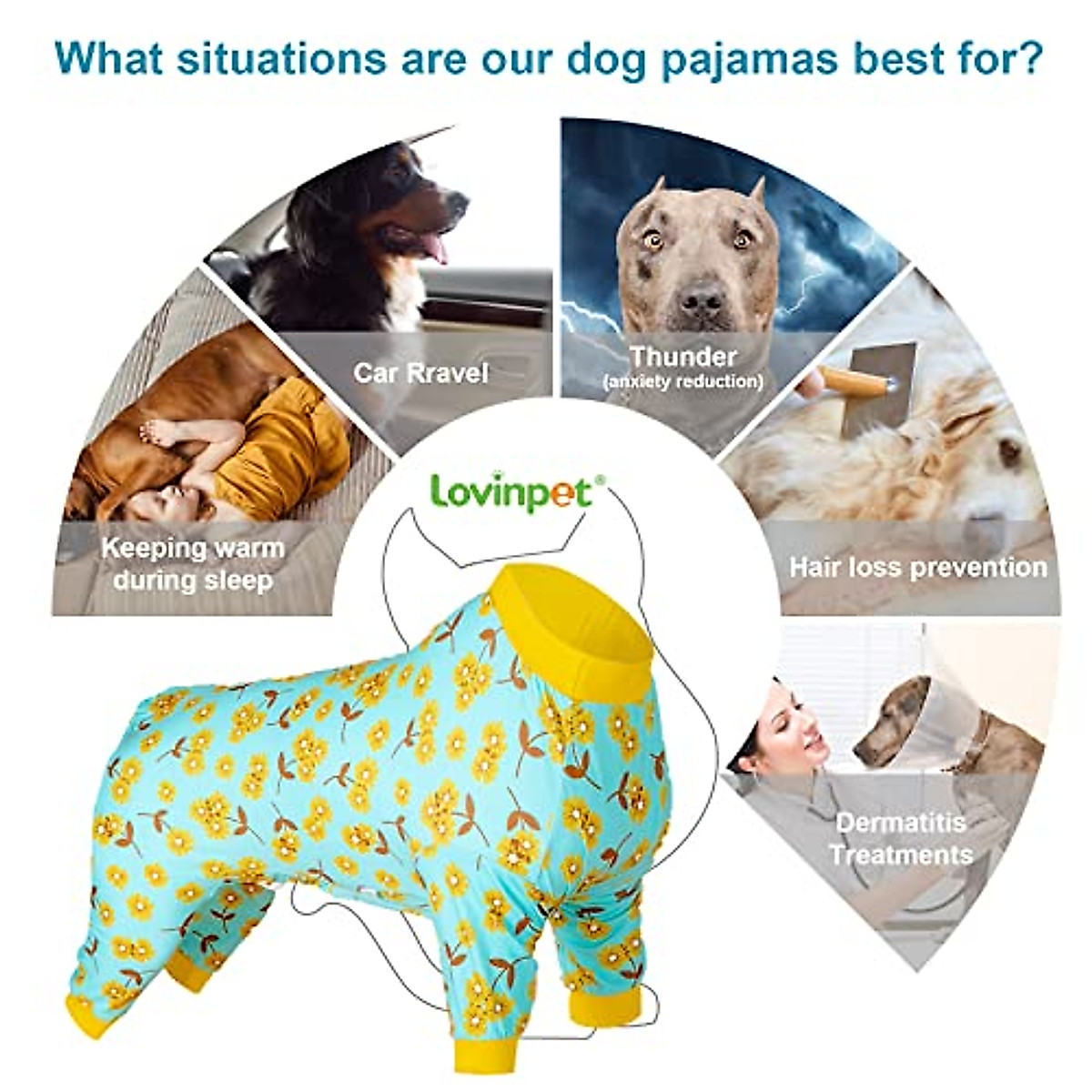LovinPet Large Dog Pajamas Pitbull - Pet Anxiety Relief, Sun Protection Dog Pajamas, Comfy Stretchy Fabric, Mint Flower Print, Big Dog Post Surgery Recovery Shirt, Large Breed Apparel,Yellow XL