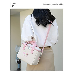 Kawaii Lunch Bag Cute Embroidery Lunch Box Reusable Thermal Cooler Lunch Tote Bag for Back to School Supplies (Pink)