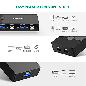 UGREEN USB KVM Switch Box 2 Port VGA Video Sharing Adapter 2 in 1 Out Manual Switcher with USB Cables for Computer PC Laptop Desktop Monitor Printer Keyboard Mouse Control