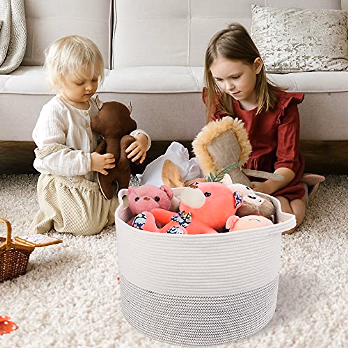 NIACONN XXLarge Laundry Basket 20" X 20" X 13.8" Round Woven Baby Laundry Hamper with Handle Cotton Rope Storage Baskets for Clothes Blanket & Toy Storage(White)