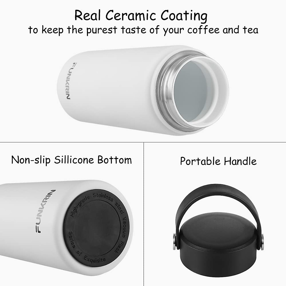 Funkrin Insulated Coffee Travel Mug with Ceramic Coating, 18oz Wide Mouth Flex Cap Water Bottle, Vacuum Stainless Steel Leak-Proof Thermos Tumble Flask Cup for Office School Outdoors