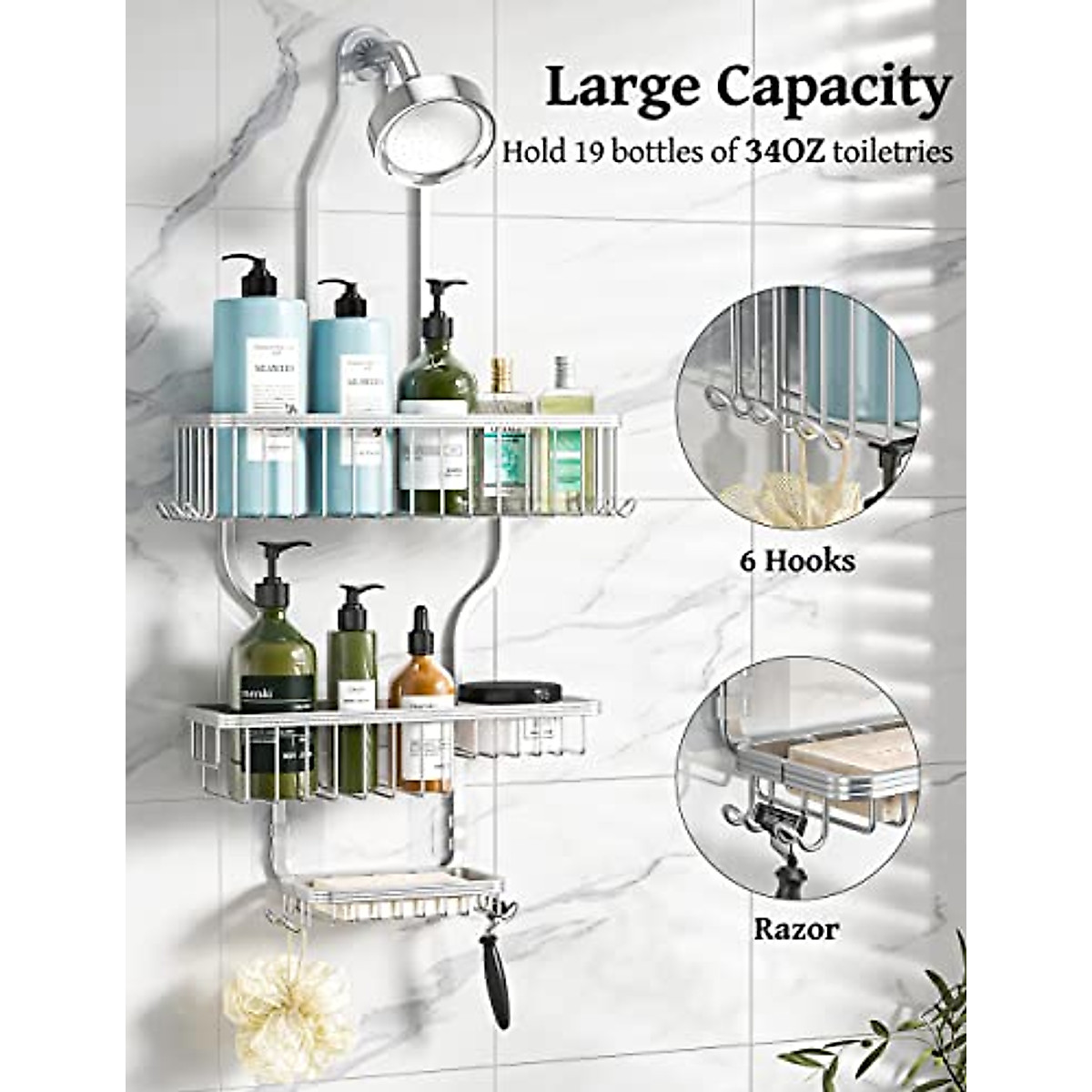 YASONIC Shower Caddy Over Shower Head Never Rust Aluminum Large Hanging Shower Caddy with 10 Hooks for Razor/Sponge - Over The Shower Head Caddy with Soap Basket - Hanging Shower Organizer Silver