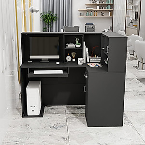 LEADZM L-Shaped Reception Desk with Counter, Front Desk with Lockable Drawers & Adjustable Shelf, Retail Checkout Counter for Beauty Salon Office, Black (55.9" W x 18.9" D x 48" H)