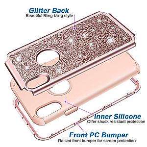 Hython Compatible with iPhone XR Case, Heavy Duty Full-Body Defender Protective Bling Glitter Sparkle Hard Shell Armor Hybrid Shockproof Silicone Rubber Bumper Cover for iPhone XR 6.1-Inch, Rose Gold