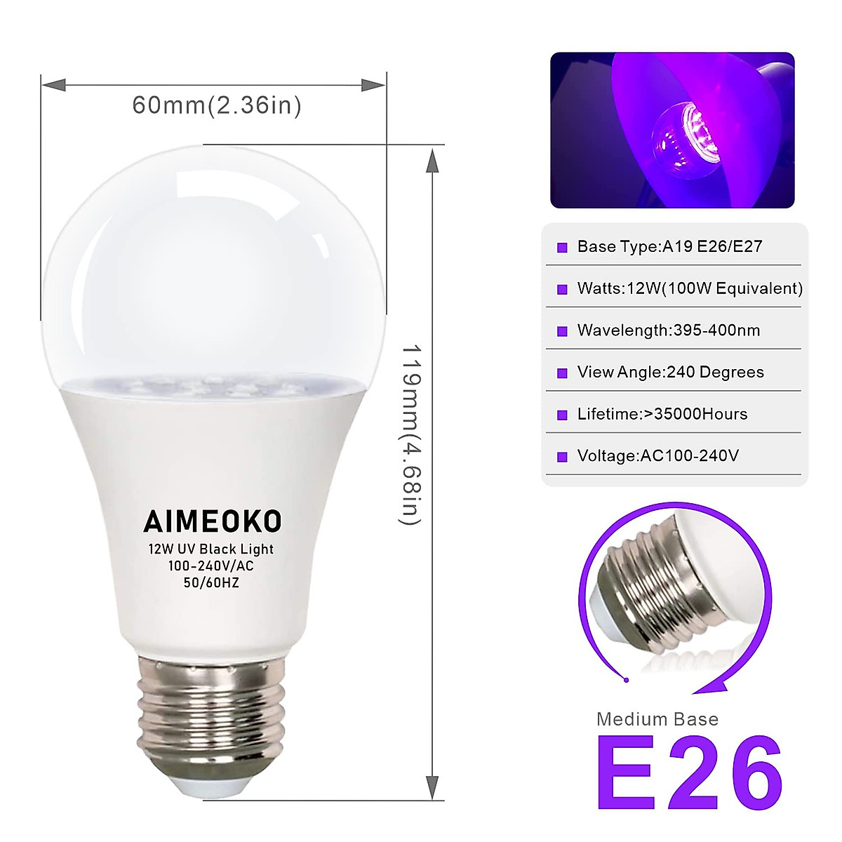 AIMEOKO Black Light Bulb 12W(100W Equivalent) - E26 UV LED Bulbs for Neon Party, Halloween, Fluorescent Poster, Body Paint - 2 Pack