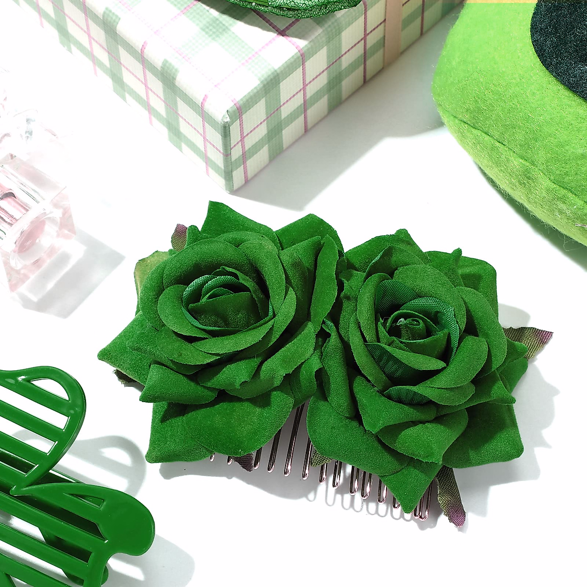 MTLEE 2 Pieces Green Rose Flower Hair Clip St. Patrick's Hair Accessories Irish Rose Hairpin St. Patrick's Day Hair Clip Comb for Girls Girlfriends Women St Patrick's Day Party Decorations