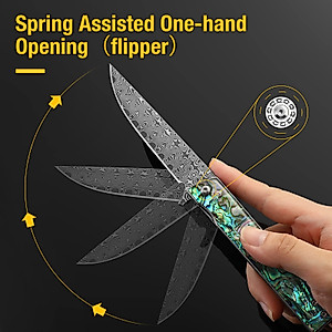 AUGENWEIDE Damascus Steel Pocket Knife, Abalone Handle, Damascus Knife with for Men, Great As Father's Valentine's Day Christmas Day Gift (A-KNIFE WITH SHEATH)