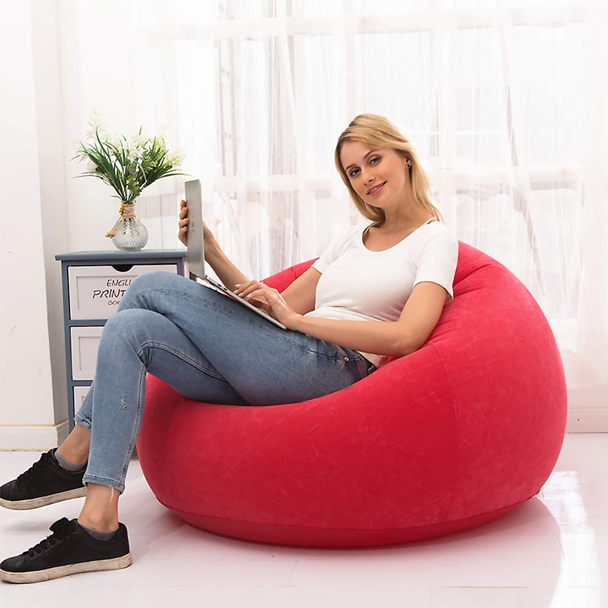DENPETEC Bean Bag Chair Sofa Lounger Flocking PVC Lazy Inflatable Sofa Couch for Adults Home Dorm Room Living Room Comfortable Bean Bag Chair Foldable (Inflator not included)