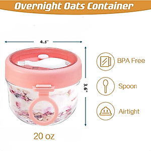 Portable Overnight Oats Containers with Lids and Spoon, Overnight Oats Jars for Breakfast, MealPrep Jar Airtight, 20 OZ, Large, Airtight, Set of 2