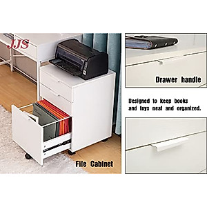 JJS 3 Drawer Rolling Wood File Cabinet with Locking Wheels, Home Office Portable Vertical Mobile Wooden Storage Filing Cabinet for Letter Size, White