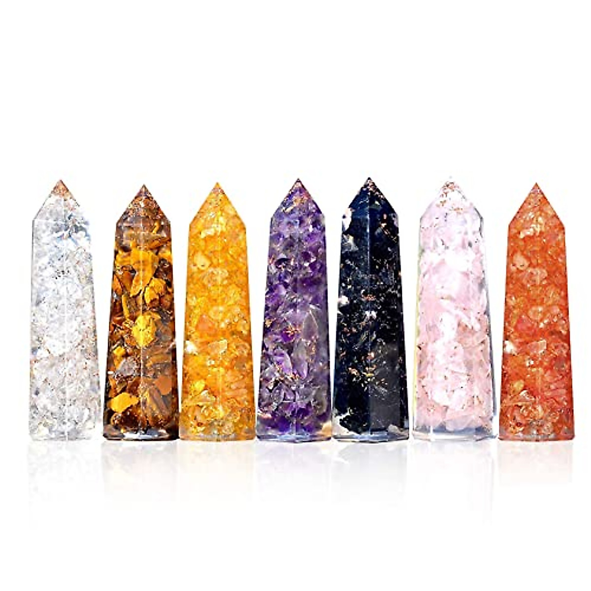 Orgone Healing Point Wands Set of 7 Includes 3.5” Amethyst Crystal, Rose Quartz, Black Tourmaline, Tigers Eye, Citrine, Carnelian, and Clear Quartz-big crystals for Spiritual Meditation and Protection