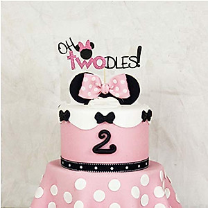 Oh Twodles Pink Mouse Cake Topper Mouse Second 2nd Birthday Party Supplies Decorations for Baby Girl Bday