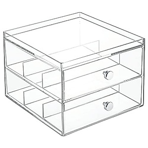 mDesign Stackable Plastic Eye Glass Storage Organizer Box Holder for Sunglasses, Reading Glasses, Lens Cleaning Cloths, and Accessories - 2 Divided Drawers, Chrome Pulls - Clear