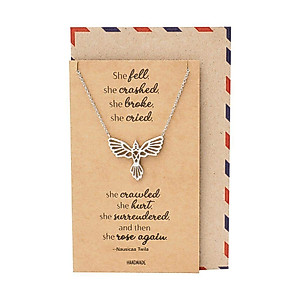 quan jewelry Phoenix Pendant Women Necklace, Bird Charm with Motivational Quote Card,Gift for Mom, Sister - Handmade (Silver Tone)