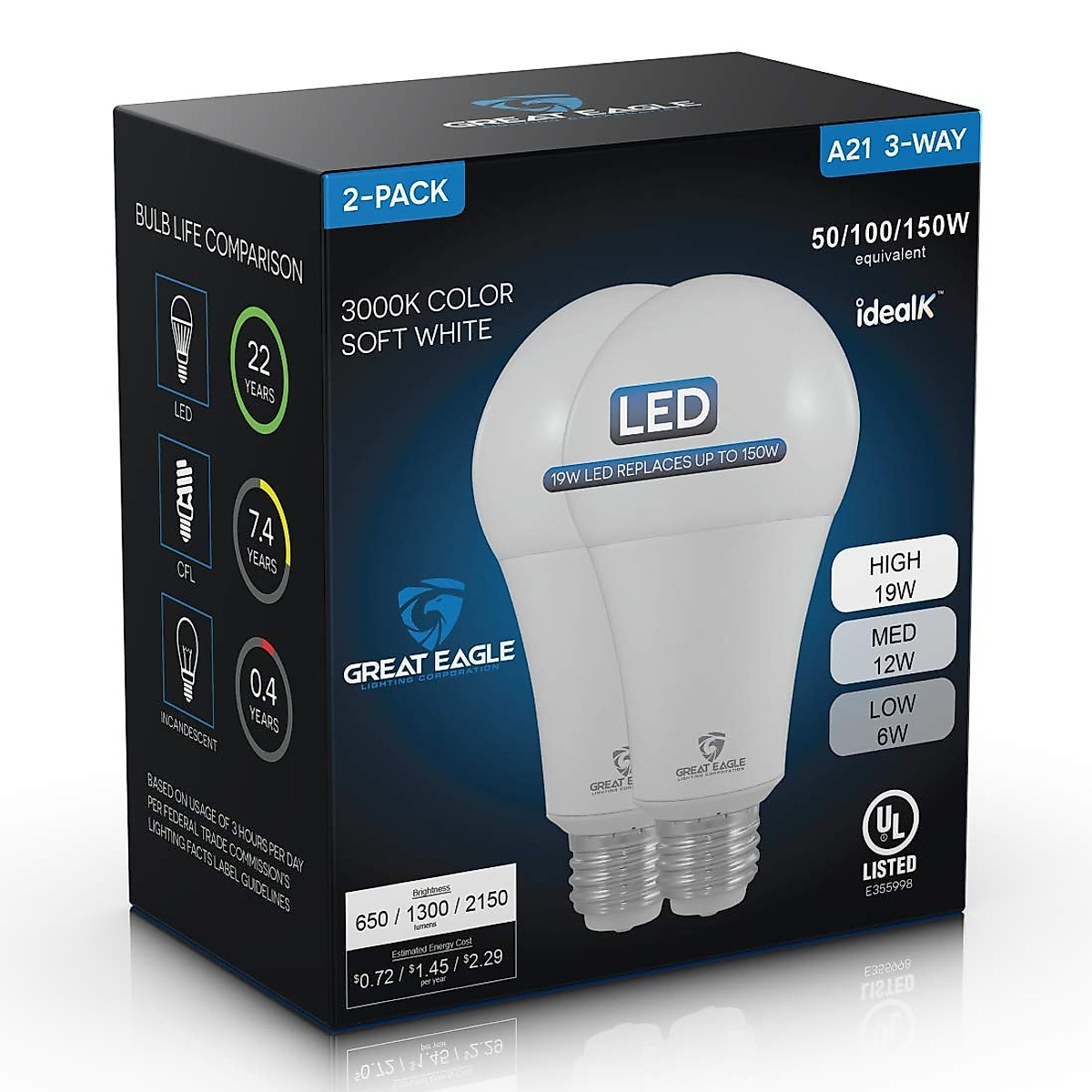 Great Eagle 50/100/150W Equivalent 3-Way A21 LED Light Bulb 3000K Soft White Color (2-Pack)