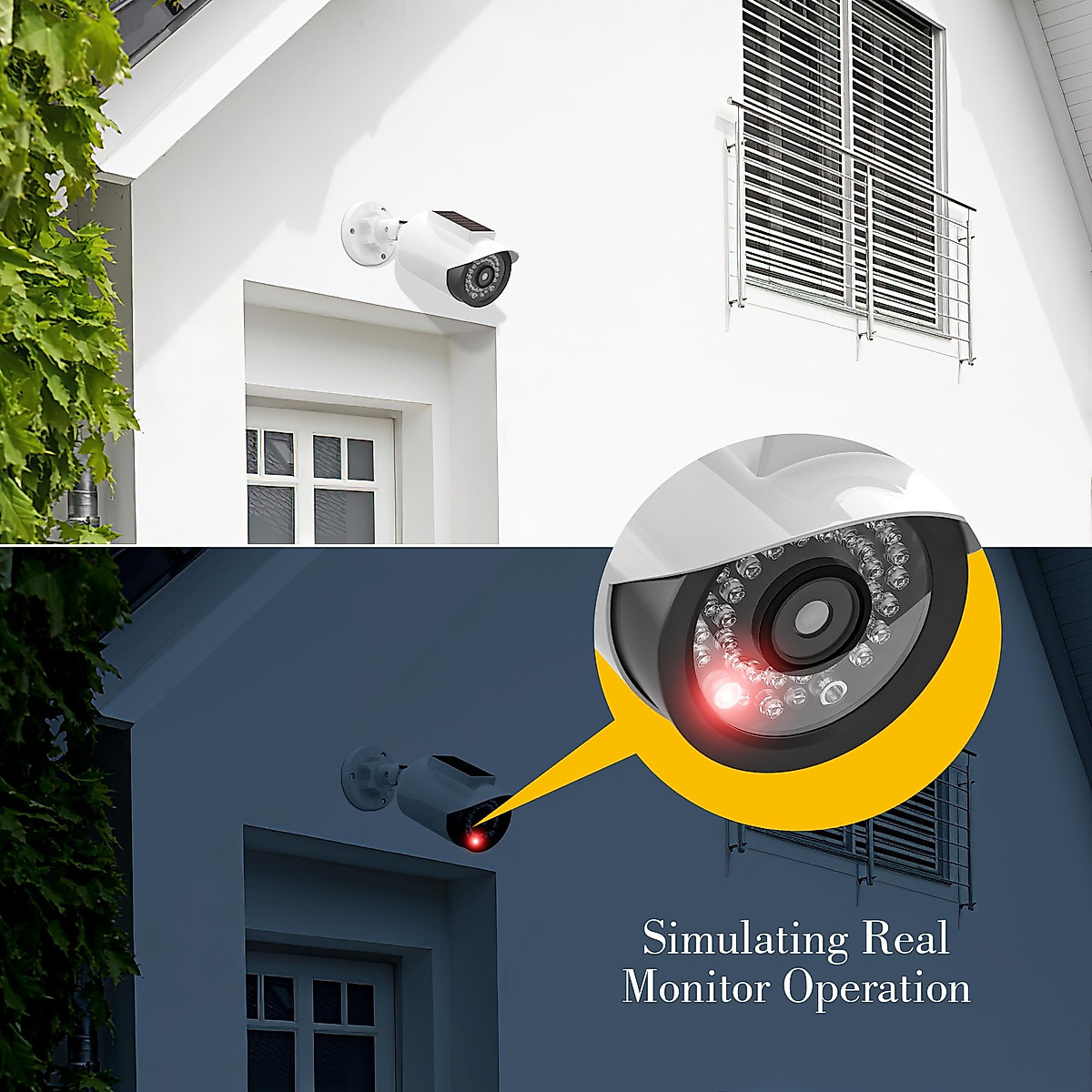 BNT Solar Powered Fake Security Camera, Bullet Shape Fake Surveillance Camera with Red LED Light for Night, Security Warning Sticker, for Outdoor Safety Alert (White 4Pack,Battery not Included)