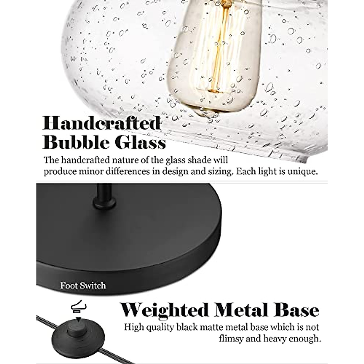 ELYONA Industrial Floor Lamp, Modern Standing Light with Handblown Seeded Bubble Glass Shade, Tall Pole Farmhouse Corner Light for Living Room Bedroom Office, Edison 6W Bulb Included, Black