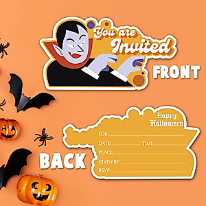 Deluxe Halloween or Costume Party Invitations, 25 Shape Fill-in Cards with Envelopes, Pumpkin, Ghost, Monster, Cute Trick or Treat, Box or Treat for Kids Birthday or Adult party - 4"X6" (JRM376)