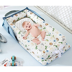 Youlvy Baby Lounger Nest, 100% Cotton Breathable co Sleeper for Baby in Bed, Portable Bag Baby Lounger for Newborn with Extended Space & Adjustable Size to 3 Years Old-Animal World Blue 4