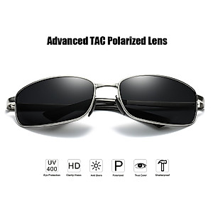 ZHILE Wrap Polarized Sunglasses Rectangular Metal Frame Classic Style Large Size (Silver, Grey)