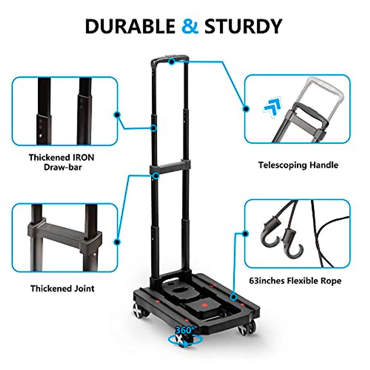 Lougnee Folding Hand Truck, 4 Wheels Fold Up Hand Cart with 2 Elastic Ropes, Portable Foldable 100lbs Capacity Heavy Duty Luggage Cart, Utility Dolly Platform Cart for Car House Office Moving