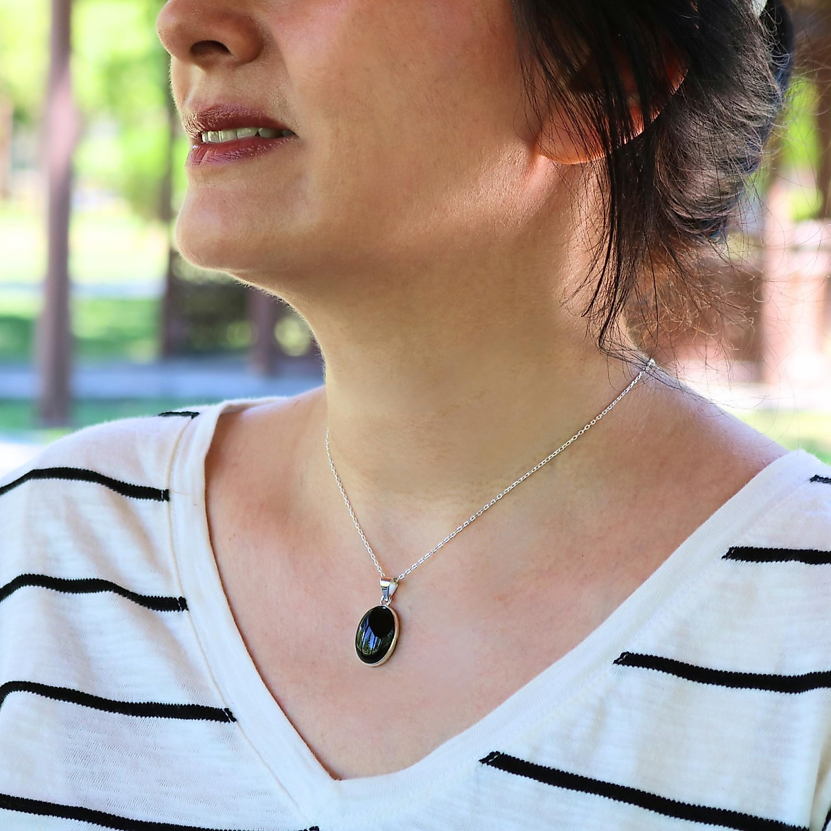 Sterling Silver Oval Black Onyx Small Pendant Necklace - Handmade 15x20mm Black Stone 16+2 inches Chain for Women