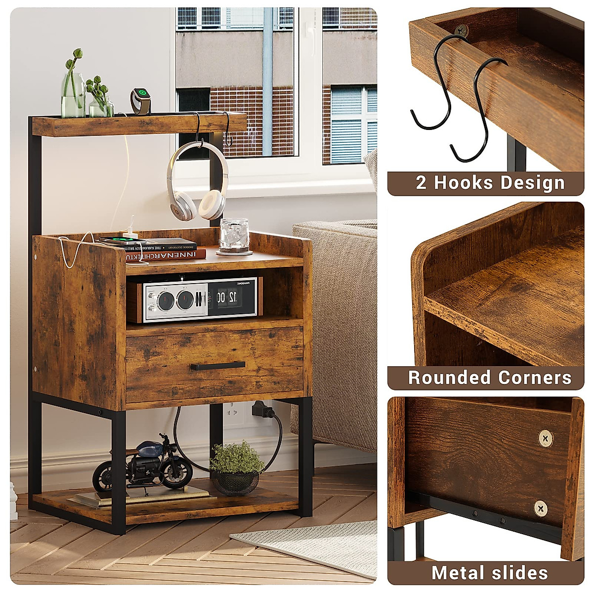 AOGLLATI Nightstand Set of 2 with Charging Station, Rustic Brown Night Stands for Bedroom Set of 2, Bedside Table with Storage Drawer and LED Light, End Side Table with USB Ports Easy Assembly