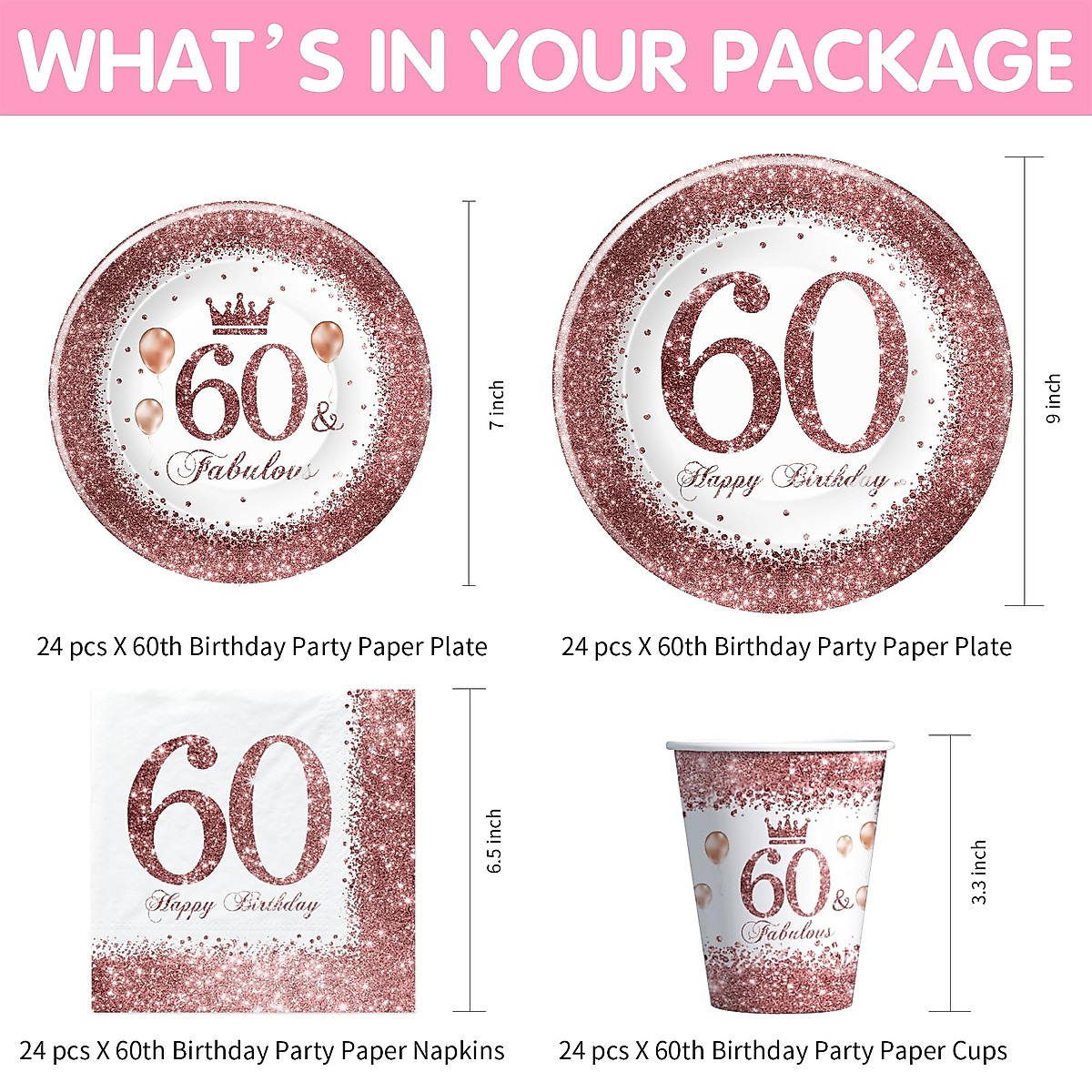 Xigejob 60th Birthday Decorations Women Tableware, Rose Gold 60 And Fabulous Decorations Dinnerware, Plate, Cup, Napkin, Tablecloth, Cutlery, Happy Sixty 60-Year-Old Birthday Party Supplies, Serve 24