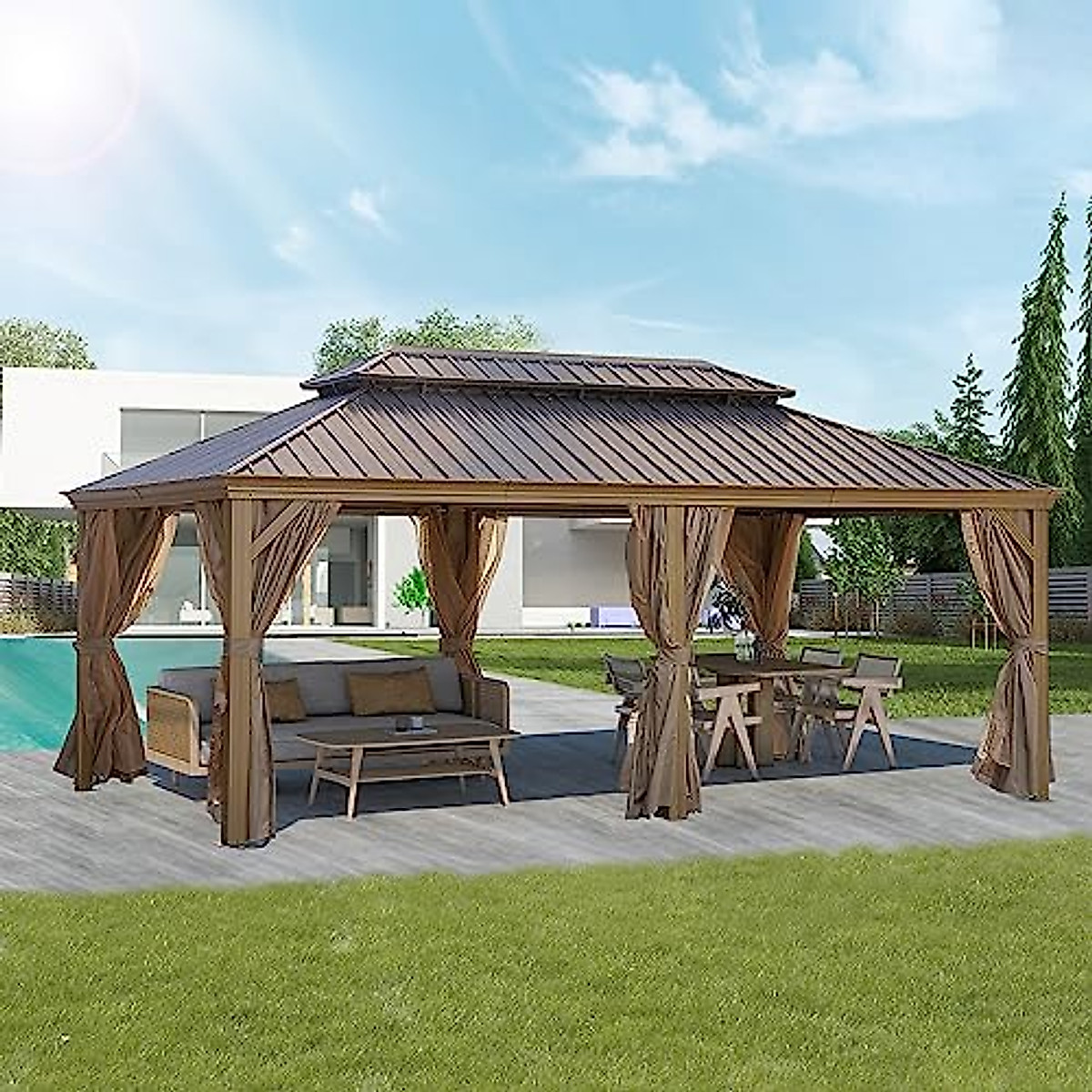 12' x 20' Outdoor Patio Gazebo All-Weather Heavy Duty Hardtop Gazebo Canopy Double Vented Roof Pergolas Galvanized Steel Aluminum Frame with Netting&Curtains for Garden/Lawns/Backyard/Parties