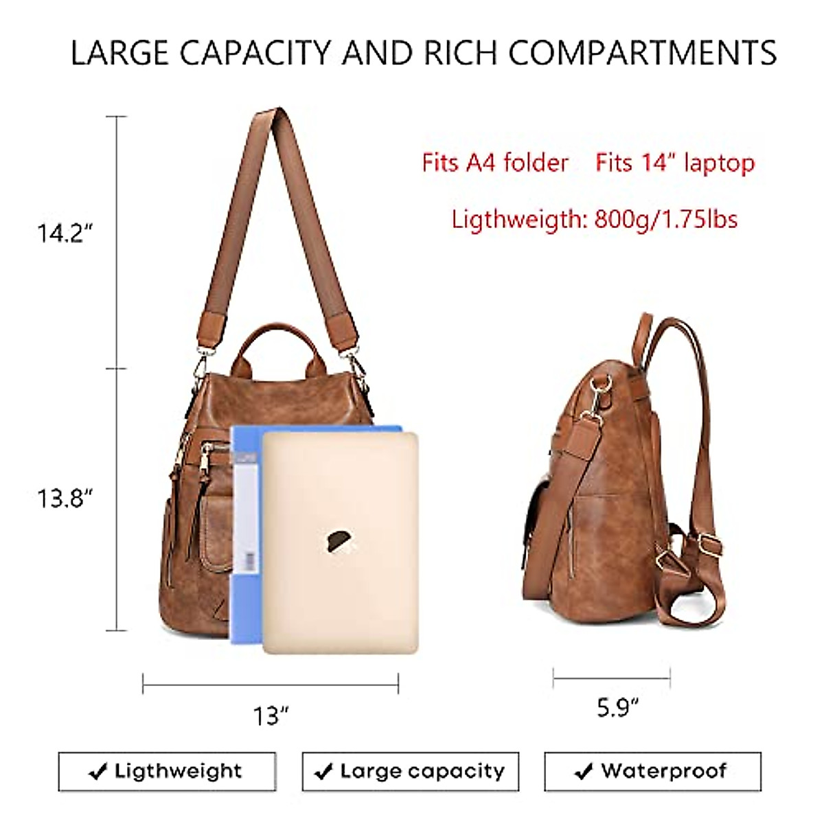 OUKUPA Fashion Backpack Purses for Women Men,Leather Convertible Shoulder Satchel Handbags Designer Anti-theft Travel College Backpacks Ladies Bookbag Waterproof Lightweight Multipurpose Brown