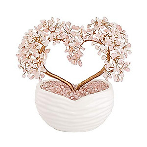 Jovivi Rose Quartz Crystal Heart Money Tree Healing Gemstone Bonsai Ornament for Wedding Ceremony Reiki Balancing Energy Meditation Feng Shui Wealth & Good Luck Home Indoor Office Decor 7.87"-8.26"