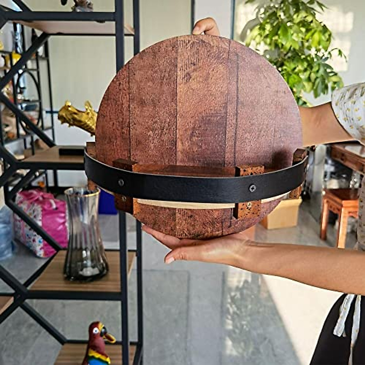 Whiskey Barrel Shelf Hand Crafted Liquor Bottle Display Vintage Round Wine Shelf Wooden Wall Mounted Wine Rack 7 Wine Bottle Round Shelf Wall Display Decoration for Home Bar Kitchen Cabinet