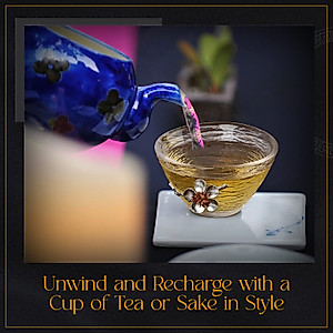 ZENATION Japanese hammered glass exquisite -set of 2 tea cups/sake cups, with tin and copper plum blossom decoration-A, 2.3 fluid ounces