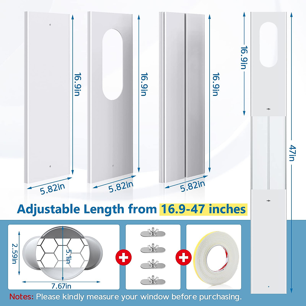 Portable Air Conditioner Window Kit for 5.1" Exhaust Hose, Window Seal Plates with Coupler and Bird Guard for Sliding Window, Adjustable Length From 16.9-47 inches Universal AC Vent Kit for AC Unit