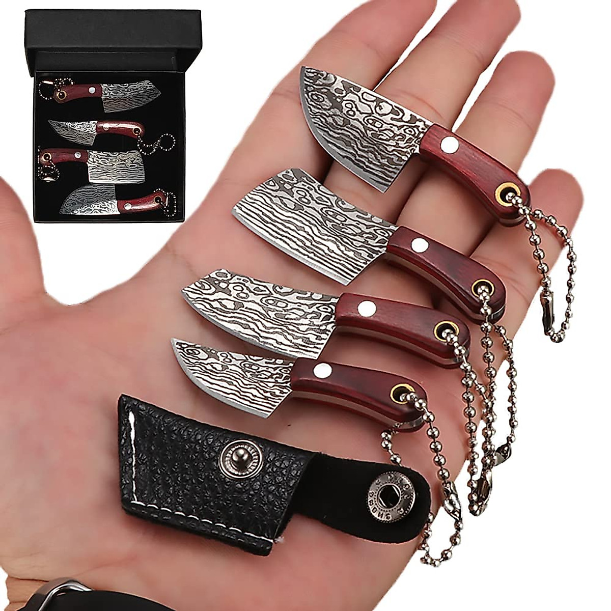 ZOFTBIGK Damascus Pocket Knife Set Mini Knife Set,Mini Knife with Sheath Mini Chef Knife Tiny knife set for Package Opener Box Cutter-4 pieces set(Damascus).