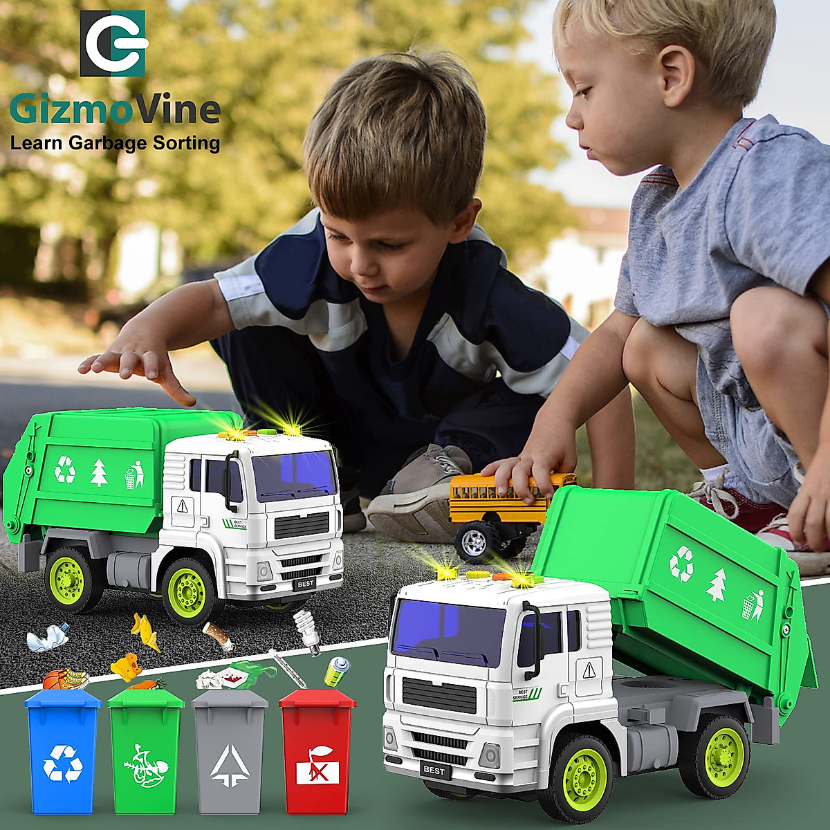 Gizmovine Garbage Truck Toys, 2 Pack Trash Truck Toys with Light and Sound, Friction-Powered Back Dump Garbage Recycling Truck Toy Set with 4 Trash Cans, Gift for 3+ Years Old Kids Boys Girls