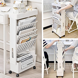 YEMUNY 5 Tier Rolling Utility Cart Multi-Functional Movable Storage Book Shelves with Lockable Casters for Study Office Kitchen Classroom, White