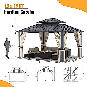 ALAULM 12' x 14' Hardtop Gazebo, Outdoor Patio Aluminum Gazebo with Aluminum Double Roof, Permanent Pavilion w/Curtains and Netting for Backyard, Patio, Deck, Garden-Cream