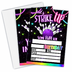 Let's Strike Up Some Fun Birthday Invitations, Neon Bowling Rainbow Glow Birthday Party Invites For Kids Adults Birthday Party And Events Supplies, 20 FillIn Invites Cards With Matching