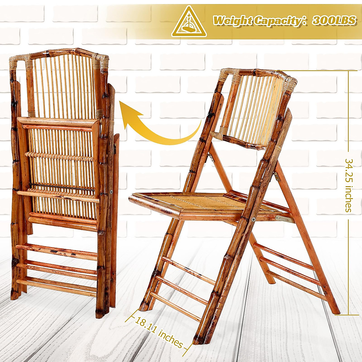 Tradder 4 Pack Bamboo Folding Chair Foldable Dining Chair Indoor Outdoor Wooden Seat Stackable Wood Rattan Commercial Chair Set for Patio, Wedding, Party, Dining, Event, Birthday, Kitchen, Garden
