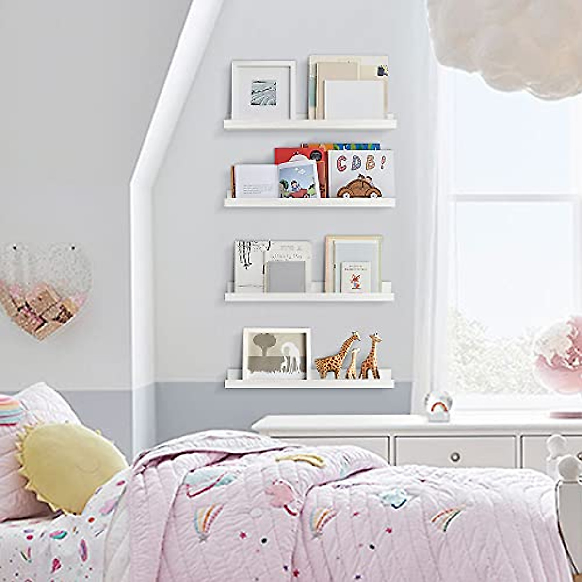 Forbena Nursery Floating Shelves for Wall, 23 Inch Long Nursery Book Shelves Set of 4, Rustic Wood Picture Ledge Shelf for Bedroom, Bathroom, Living Room, Photo Frames, Office Decor (White)