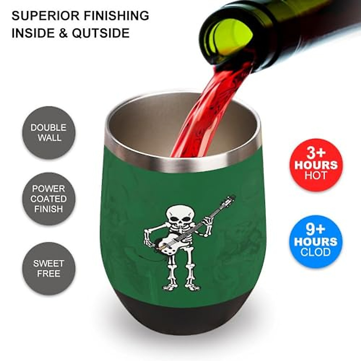 OPTKSNCU 304 Stainless Steel Insulated Cup with Lid, Skeleton Playing Guitar Print Durable, And Easy to Clean – Ideal for Home, Office, And Gift Giving