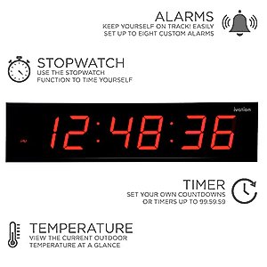 Ivation Huge 24" Inch Large Big Oversized Digital LED Clock with Stopwatch, Alarms, Countdown Timer & Temp - Shelf or Wall Mount (Red) | 6-Level Brightness, Mounting Holes & Hardware