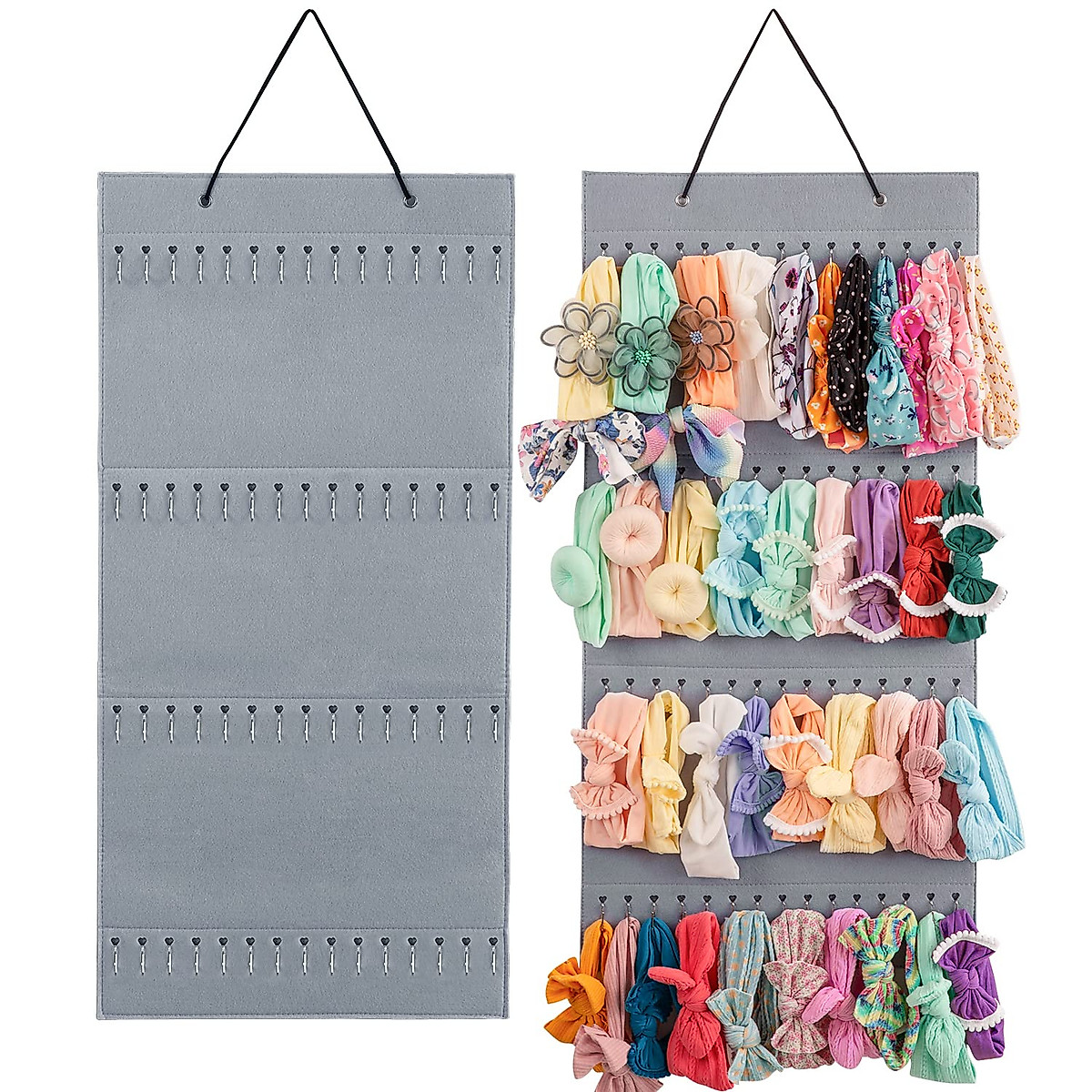 JEWERADO Headband Holder for Baby Girls Hair Bows Hanging Storage Organizer with 60 Hooks Storage for Newborn Headbands, Bow (Gray)