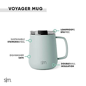 Simple Modern Travel Coffee Mug with Lid and Handle | Reusable Insulated Stainless Steel Coffee Tumbler Tea Cup | Gifts for Women Men Him Her | Voyager Collection | 12oz | Sea Glass Sage