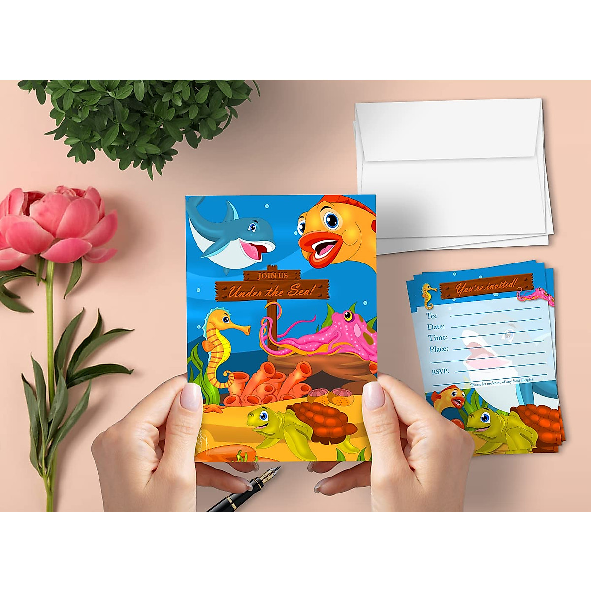 Leigha Marina Under the Sea Party Invitation Cards for Kids, 20 Invites & 20 Envelopes - fill-in-the-blank style Greeting Notes - Multi-Use, Birthday, Themed Celebration