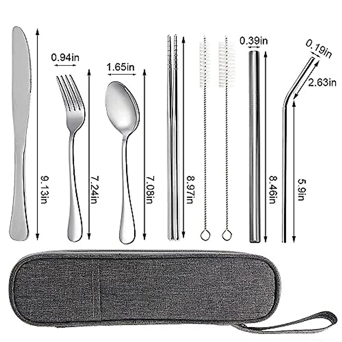 Reusable Utensils Set with Case Portable Travel Utensils Cutlery Set Stainless Steel Flatware Set for Camping 8pcs Including Dinner Knife Fork Spoon Chopsticks Boba Straw (Silver)