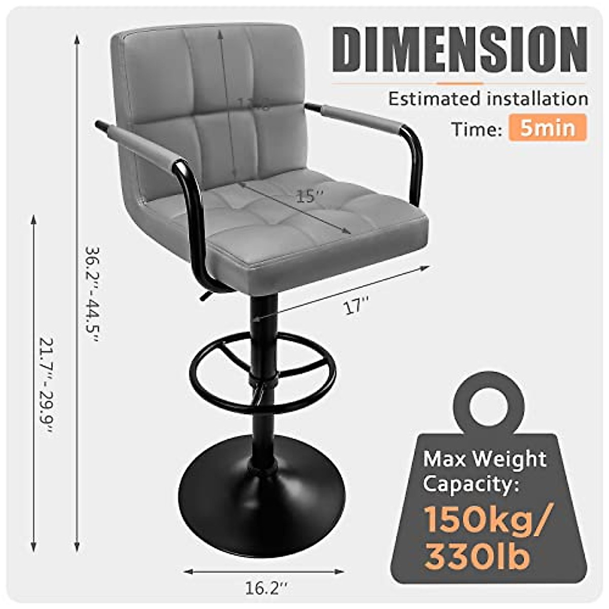 Huracan Adjustable Barstool with Armrest Swivel Bar Stools Set of 2 Counter Height Modern Bar Stool with Back Pu Leather Square Kitchen Island Barstools - Light Grey Base,2pcs